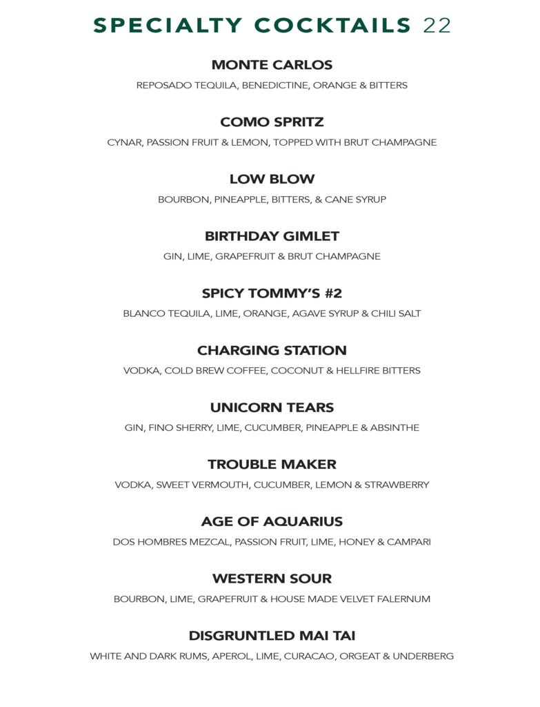 Electra Cocktail Club Menu | Electra Bar | Electra Cocktail Club
